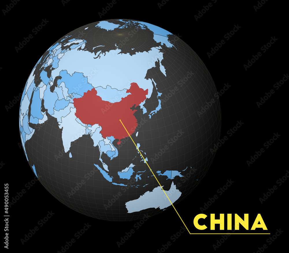 China on dark globe with blue world map. Red country highlighted ...