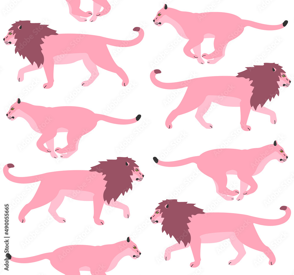 Vector seamless pattern of flat pink lion and lioness isolated on white ...