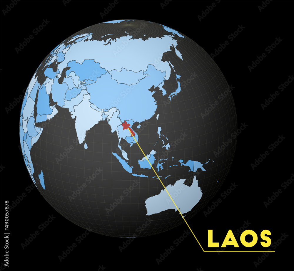 Vetor de Laos on dark globe with blue world map. Red country ...