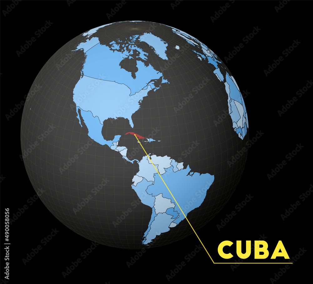 Cuba on dark globe with blue world map. Red country highlighted ...