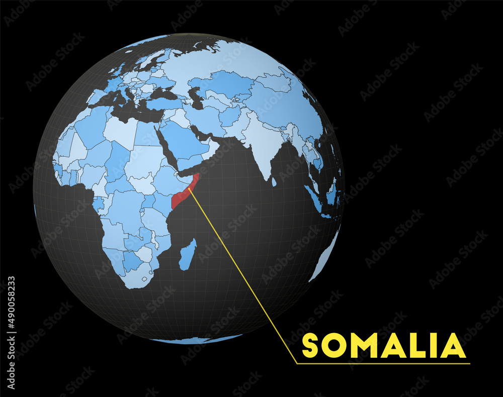 Somalia on dark globe with blue world map. Red country highlighted ...