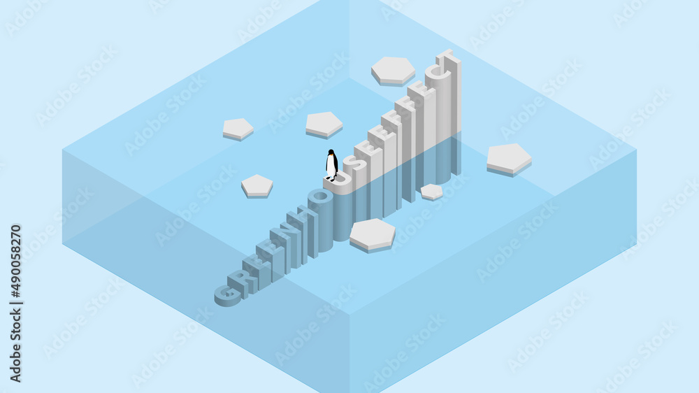 Penguin on text wording iceberg. Global warming and ice melting concept ...