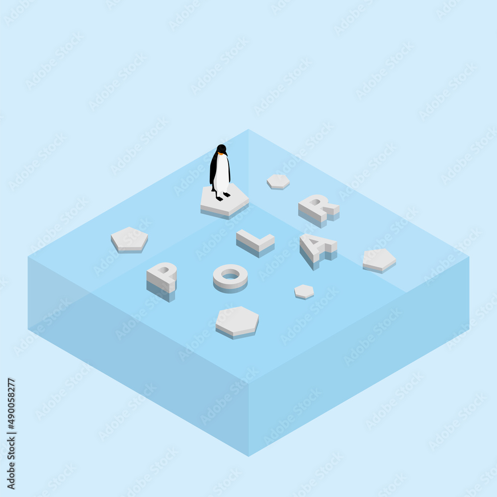 Penguin on floating ice sheet and a text word POLAR. Global warming and ...