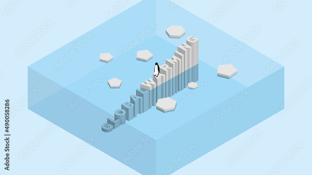 Penguin on text wording iceberg. Global warming and ice melting concept ...