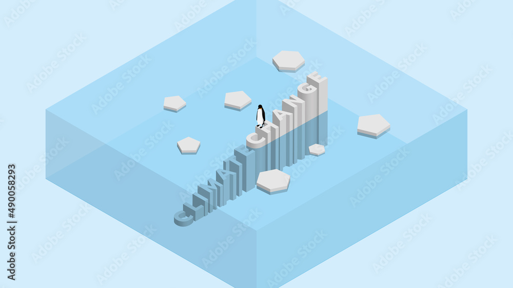 Penguin on text wording iceberg. Global warming and ice melting concept ...