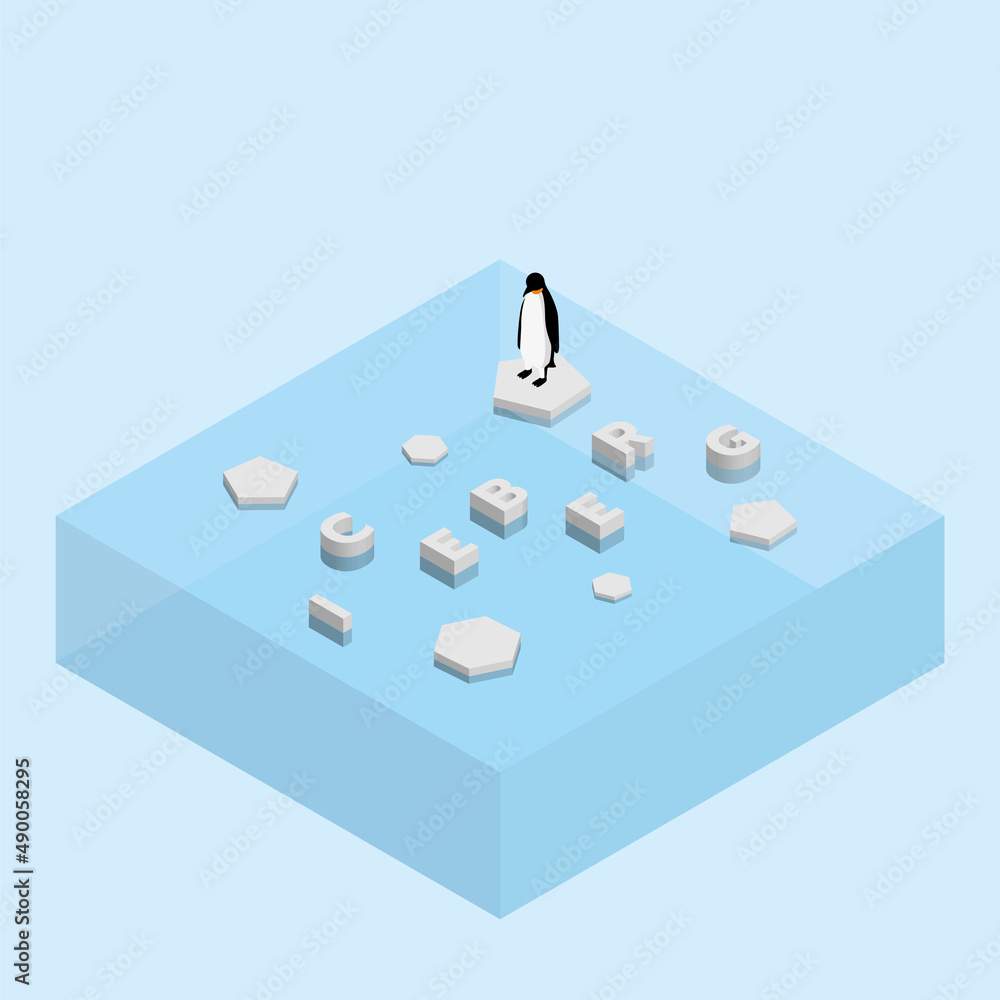 Penguin on floating ice sheet and a text word ICEBERG. Global warming ...