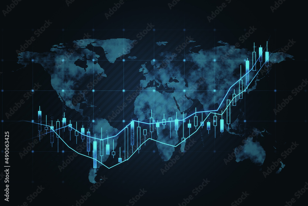 Glowing map and forex chart hologram on dark wallpaper. Trade, finance ...