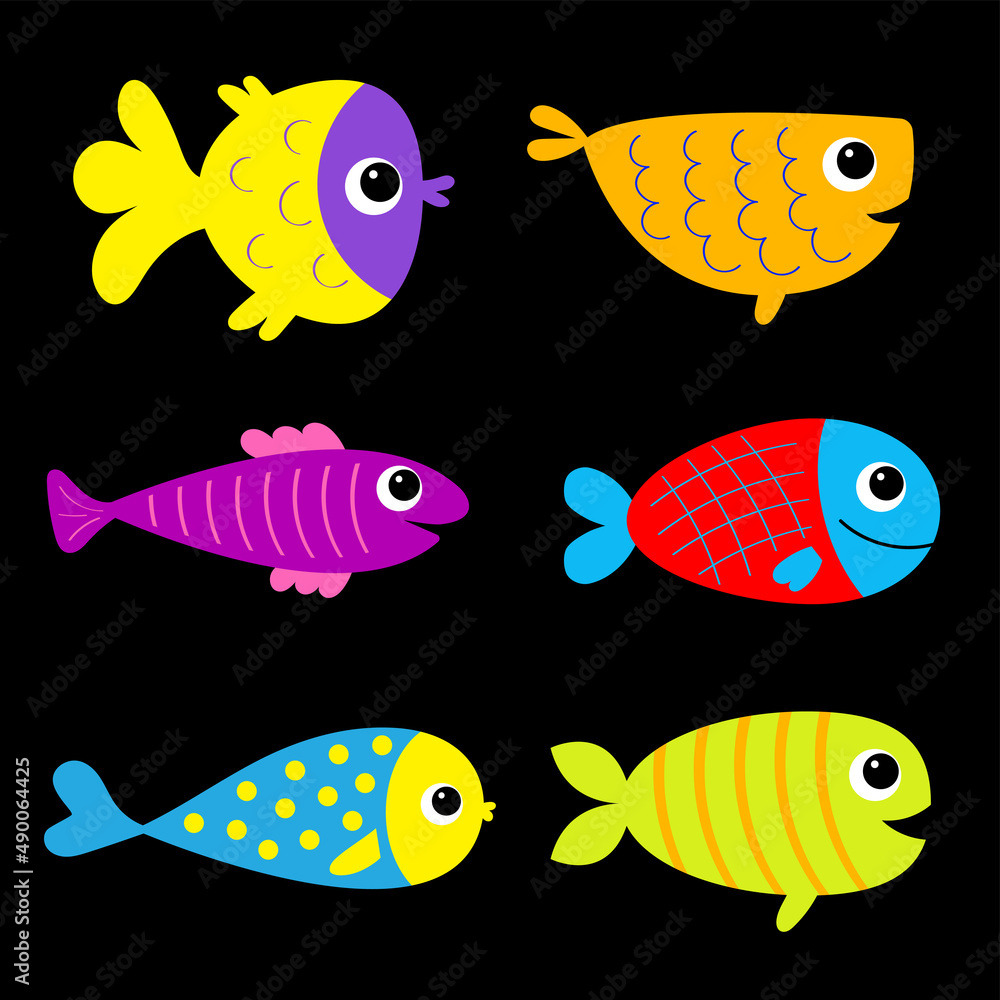 Fish icon set. Cute kawaii cartoon funny baby character. Marine life ...