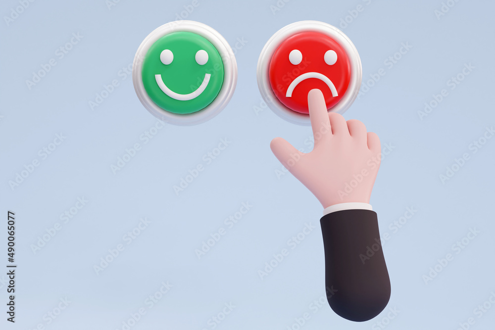 Cartoon character hand chooses between two buttons. Business or market ...