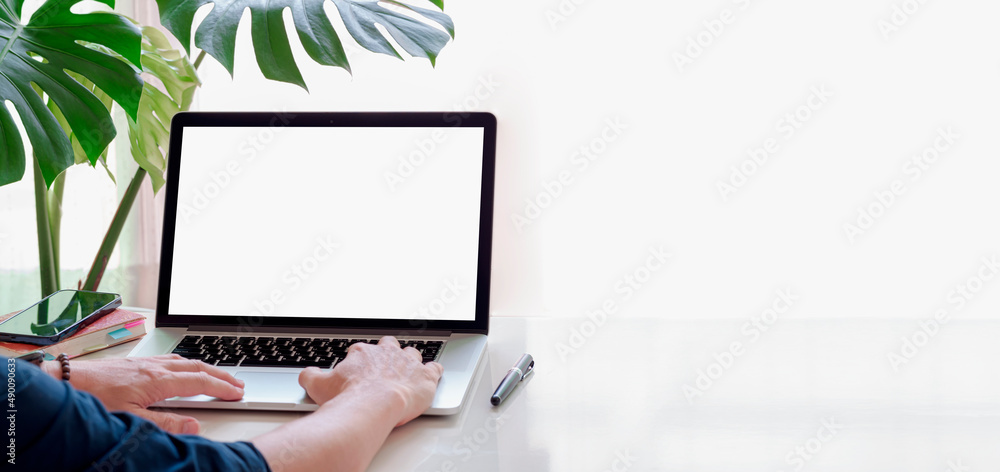 Laptop computer screen mockup, template background banner, Man hand ...