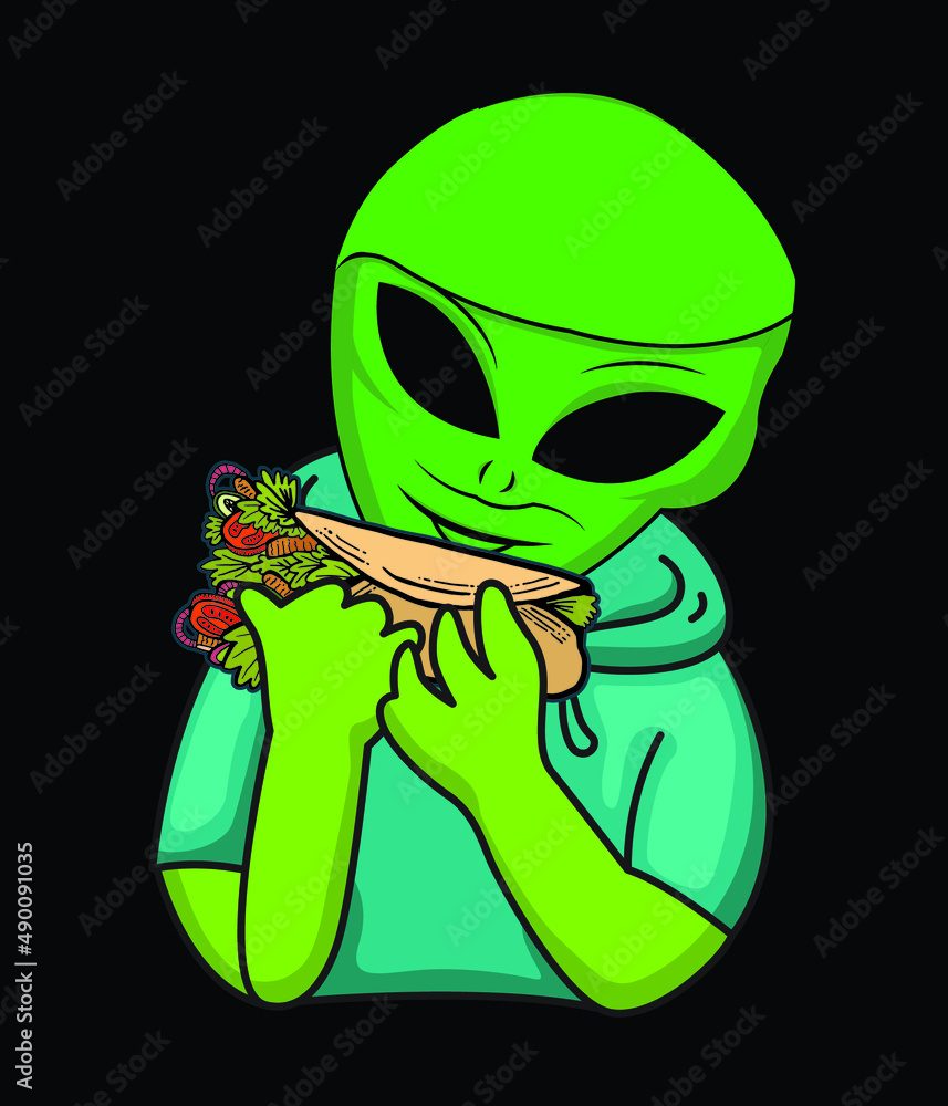 Alien eating burger vector t-shirt illustration Stock Vector | Adobe Stock