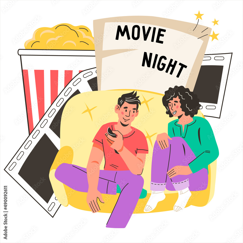 Movie night banner or poster with people watch TV, flat vector ...