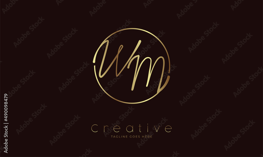 Initial WM Logo, handwritten letter WM in circle with gold colour ...