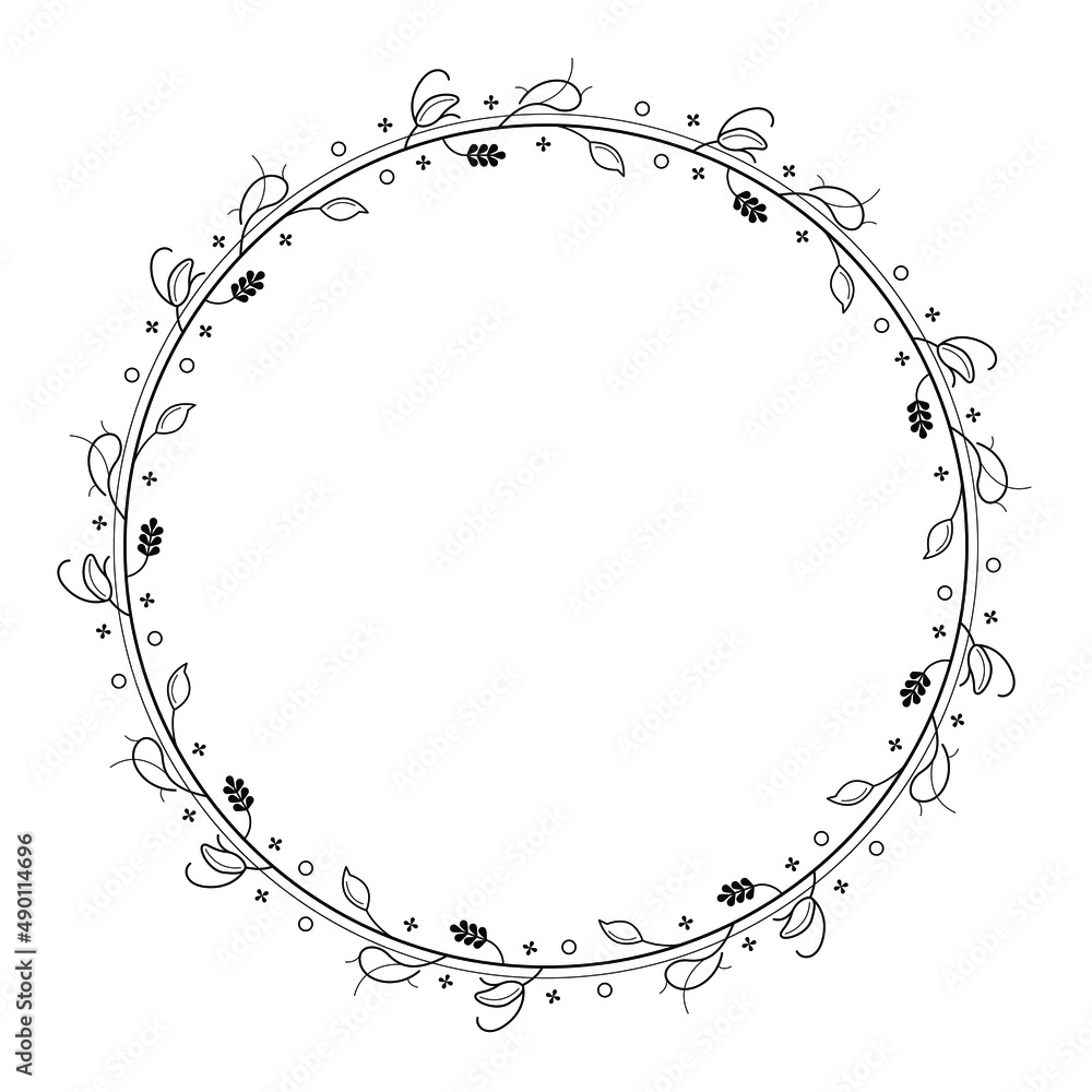 Abstract Black Simple Line Round Circle With Leaf Leaves Frame Flowers ...