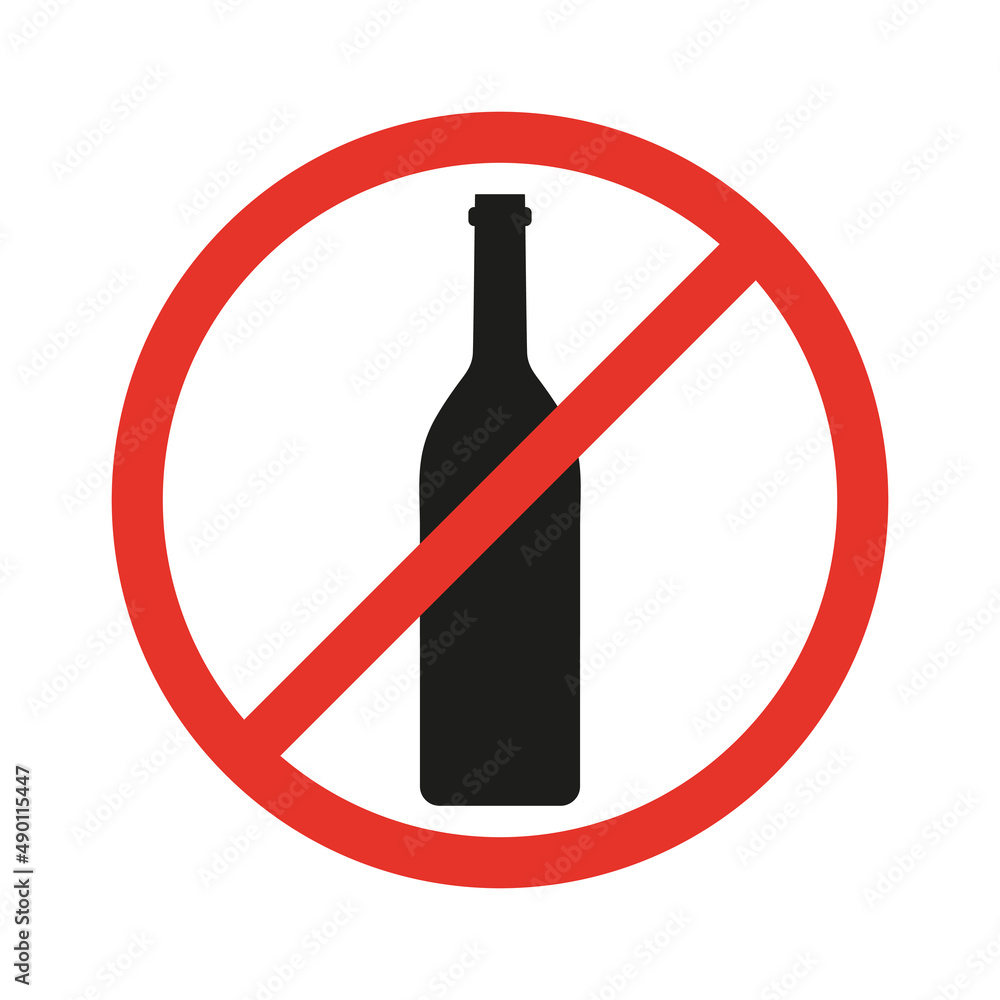 No alcohol sign. Stop drink symbol. Bottle of wine silhouette in red ...