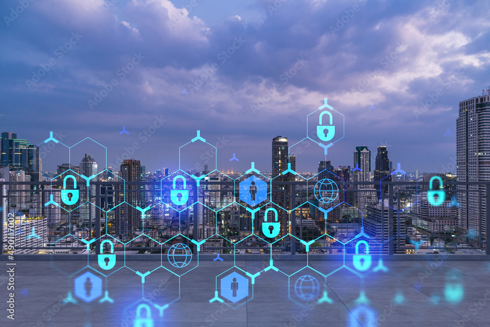 Rooftop with concrete terrace, Bangkok night skyline. Cyber security ...