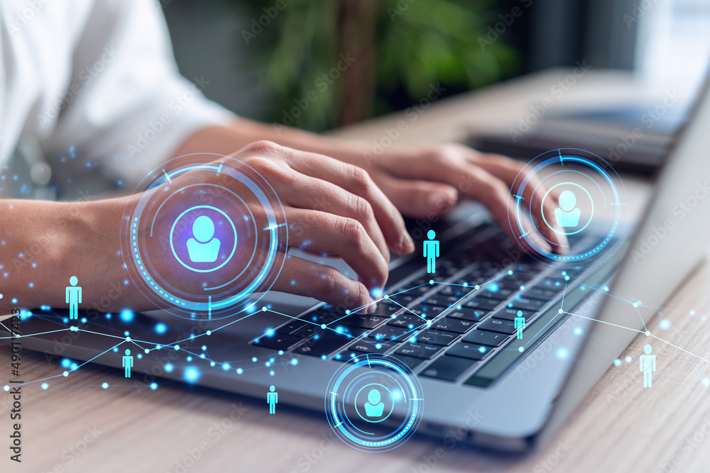 HR woman specialist is typing the keyboard in the internet to find the ...