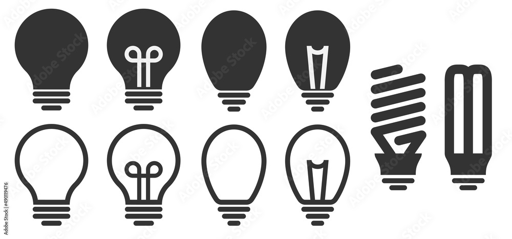 light bulb icon set, simple flat lightbulb symbols isolated on white ...