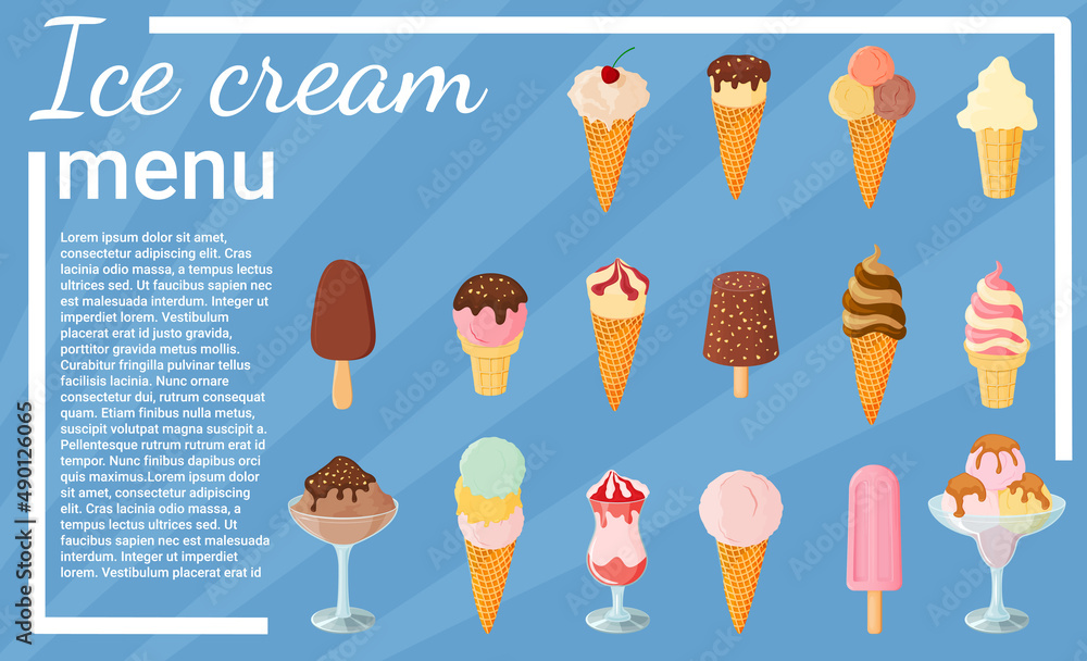 Ice cream menu on a blue background.Sweet summer dessert.Vector ...