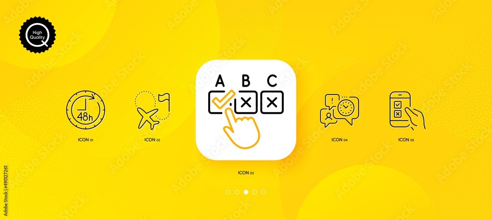 Mobile survey, Time management and 48 hours minimal line icons. Yellow abstract background ...