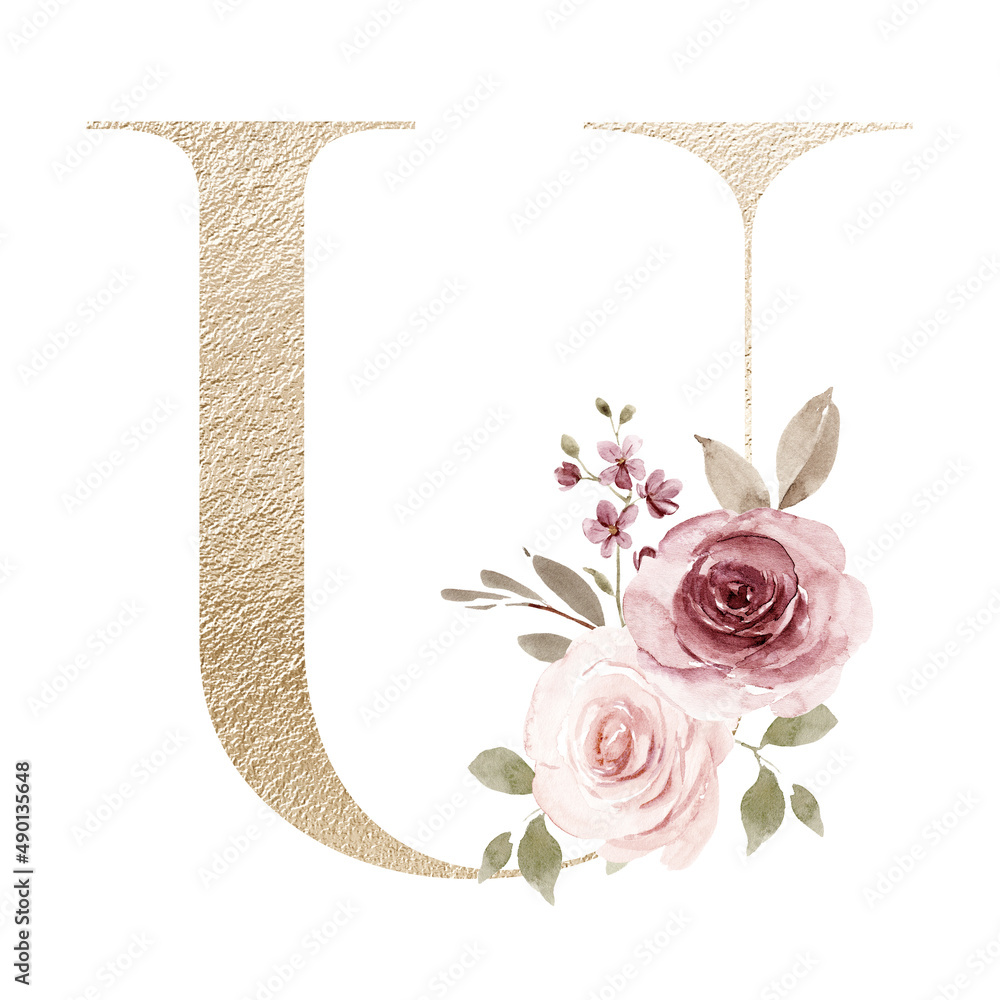 Monogram u, letter with watercolor flowers and leaf. Floral alphabet ...