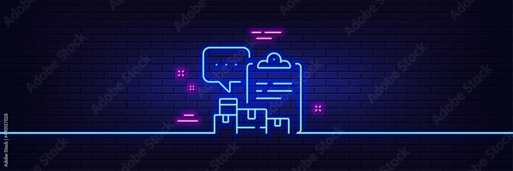 Neon light glow effect. Inventory report line icon. Warehouse pallet ...