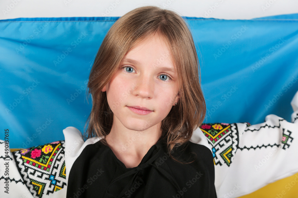 Stop war in Ukraine. Blond teen girl in traditional Ukrainian clothes ...