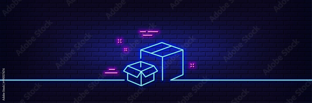 Neon light glow effect. Packing boxes line icon. Delivery parcel sign ...