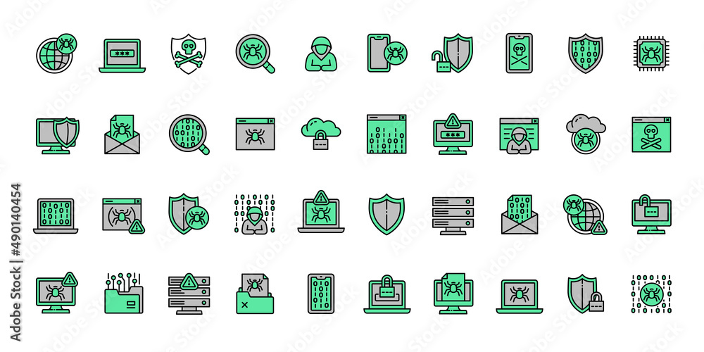 Cyber attack icons set outline vector. Virus bug. Computer cyber Stock ...