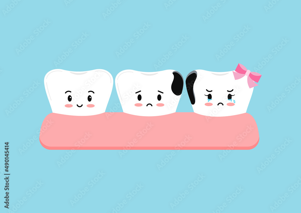 Cute teeth with proximal decay in gym dental character icon isolated on ...