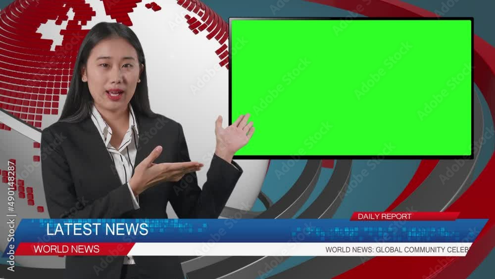 Live News Studio With Asian Professional Female Anchor And Green Screen ...