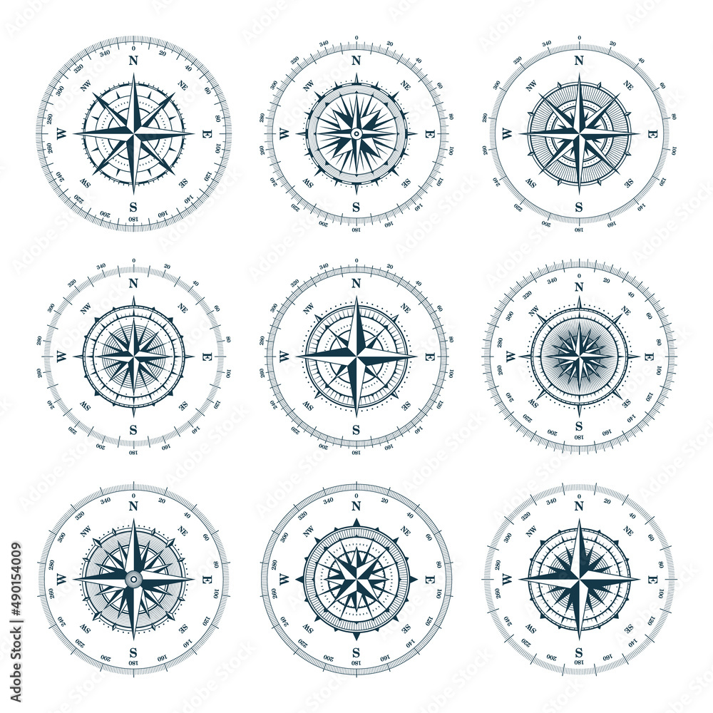 Vetor de Vintage marine wind rose, nautical chart. Monochrome ...