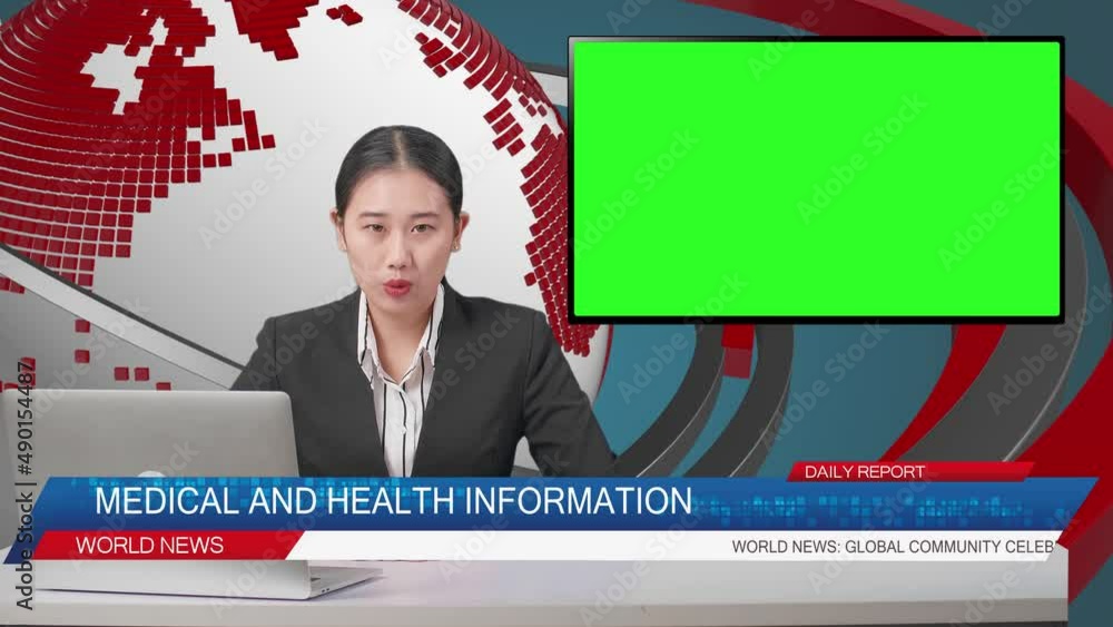 Live News Studio With Asian Professional Female Anchor, Computer, And ...