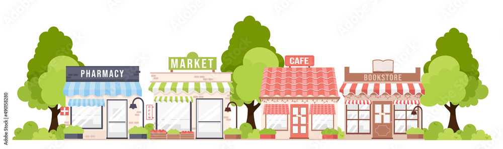 Small town street with cartoon city pharmacy, market, cafe, bookstore ...