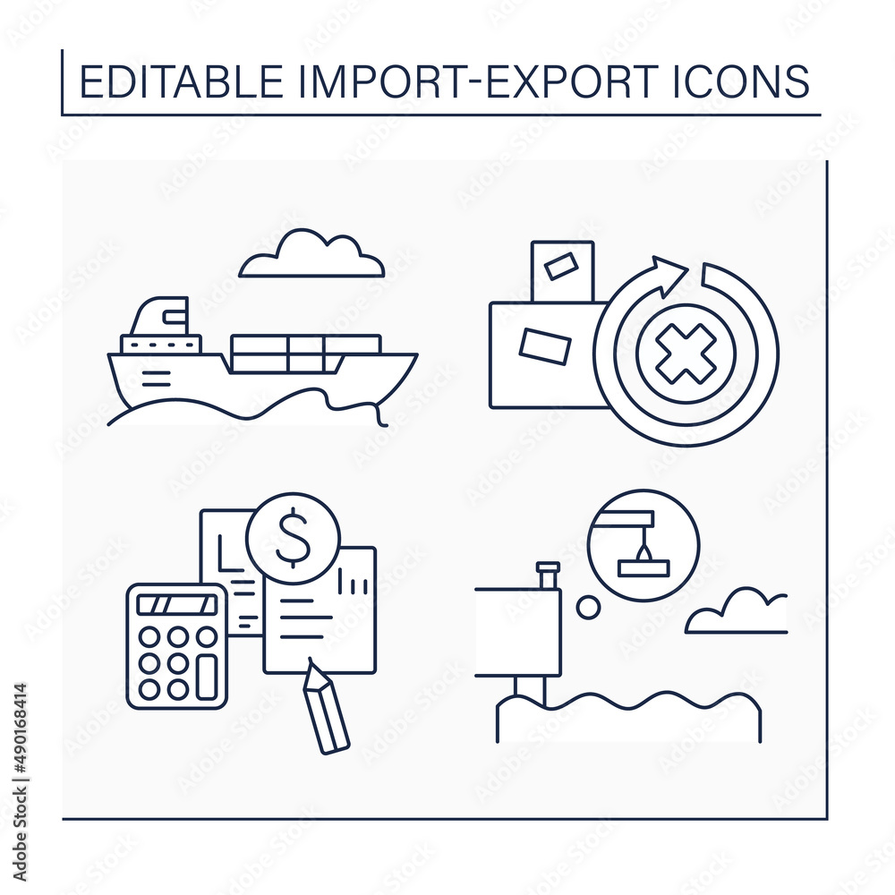 Import and export line icons set. Quay, pro forma invoice,irrevocable ...