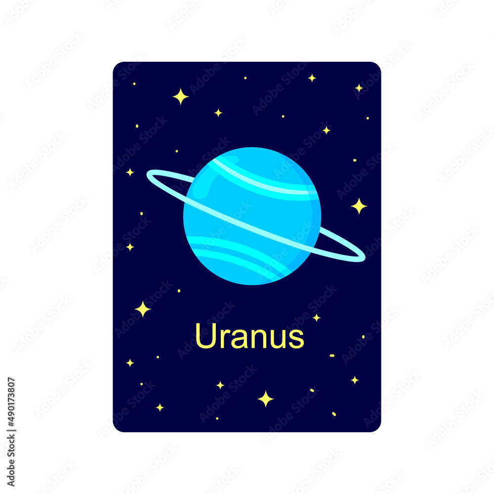 Flashcard for kids with Uranus planet on dark starry background ...