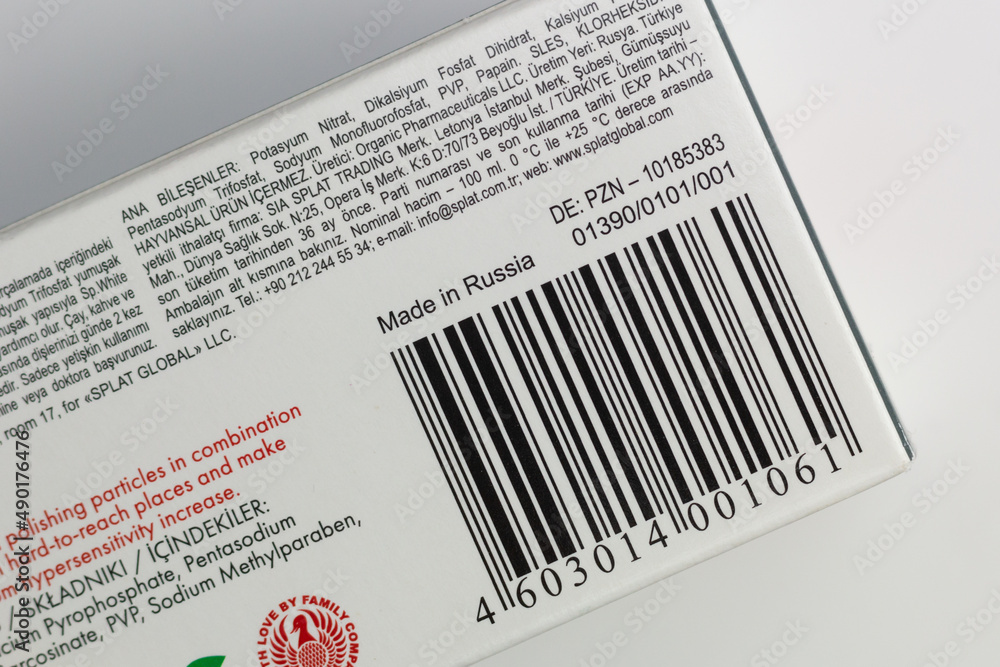 Katowice, Poland – March 1, 2022: Closeup of a product made in Russia ...