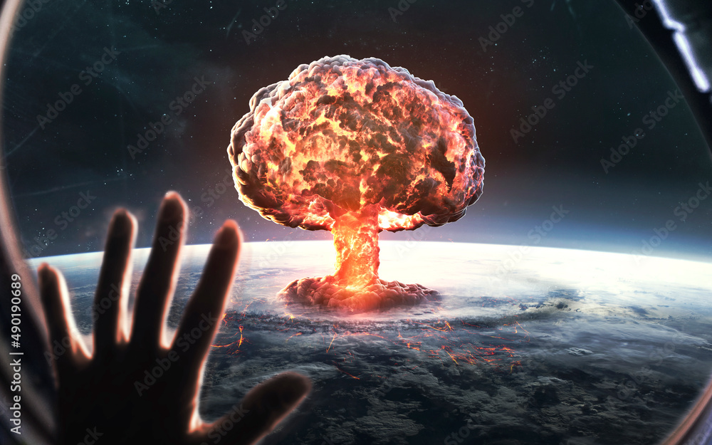 3D illustration of Nuclear bomb seen from space. World war, end of ...