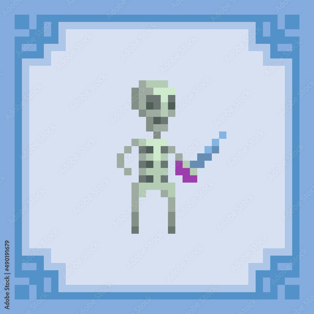 Skeleton warrior with weapon. Pixel art character. Vector illustration ...