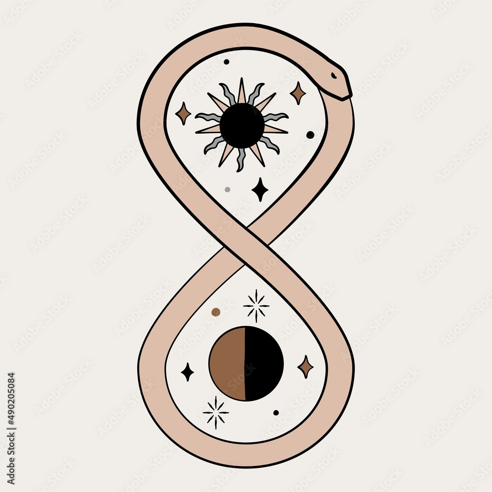 Vector Cosmic Snake with Sun and Moon Illustration, magic snake on ...