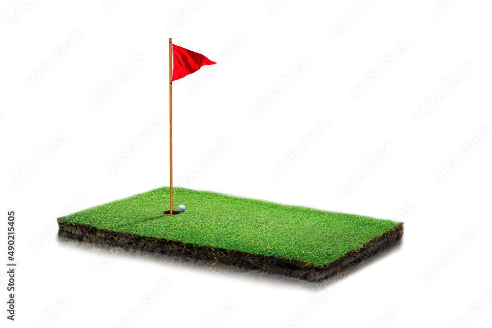 Golf course with a rich green turf beautiful scenery. round soil ground ...