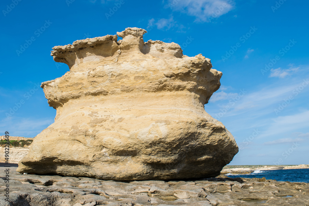 Large globigerina limestone boulder on wave-cut platform along the ...