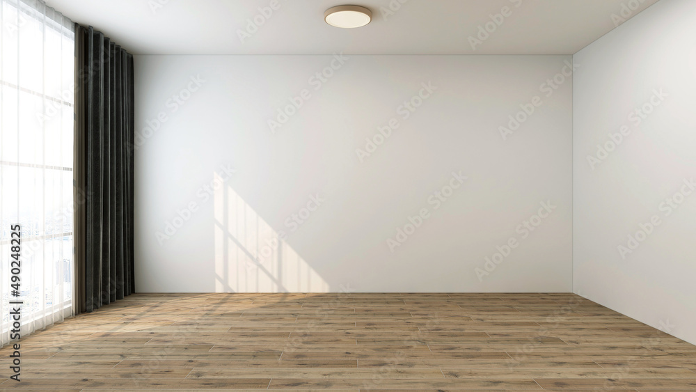 Empty room with white wall, wooden floor, wide panoramic window, gray ...