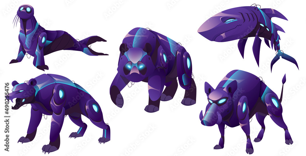 Animal robots, cyborgs seal, panda and grizzly bears, shark and wild ...
