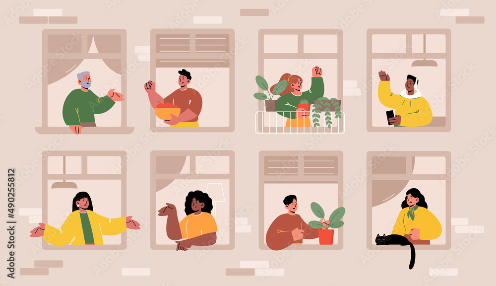 House facade with angry arguing people in windows. Concept of quarrel ...