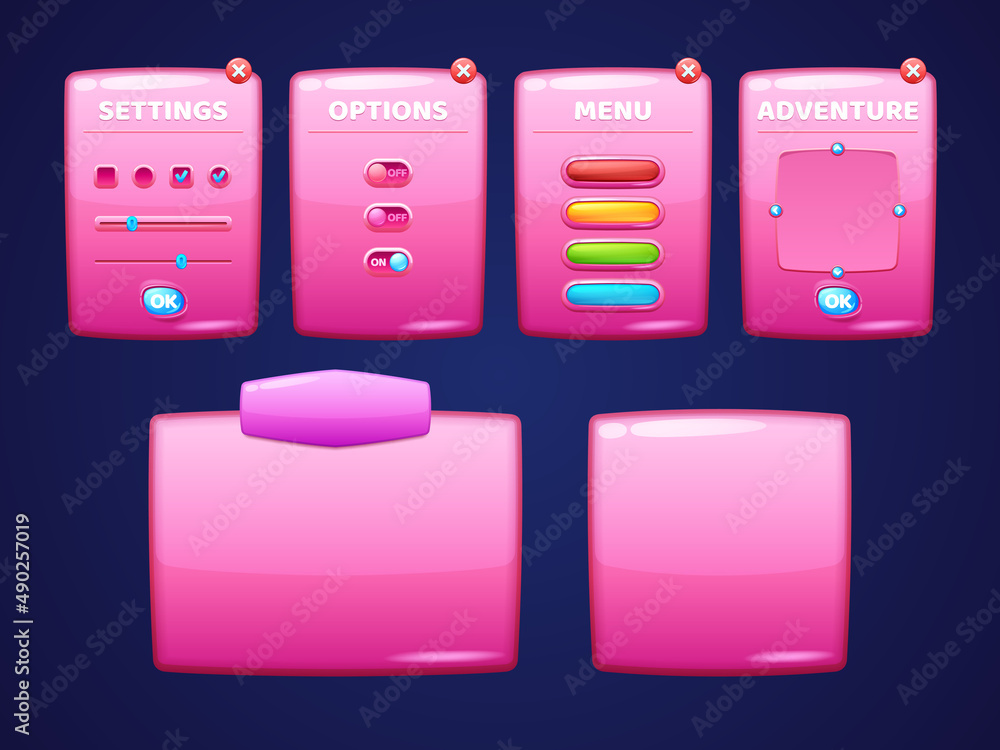 Glossy pink boards with buttons for game interface design. Vector ...