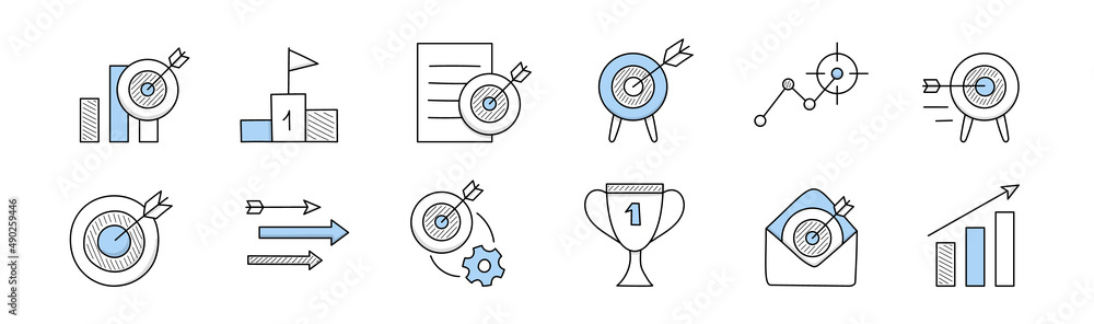 Business target doodle icons. Concept of work strategy, focus, goals ...