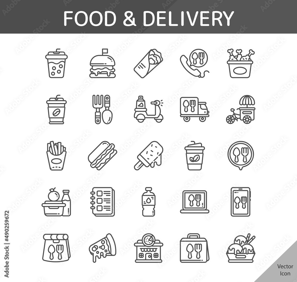 food delivery icon set, isolated outline icon in light background ...
