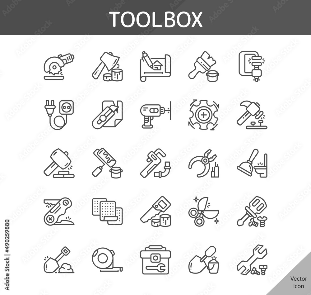 toolbox icon set, isolated outline icon in light background, perfect ...