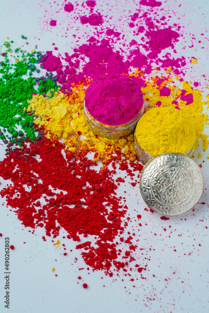 Organic Gulal colors in silver bowl for Holi festival Stock Photo ...